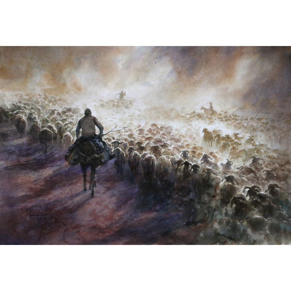 Fu Man Yat, Onwards Home, 15 x 22 inch, Watercolor on Paper, Figurative ...