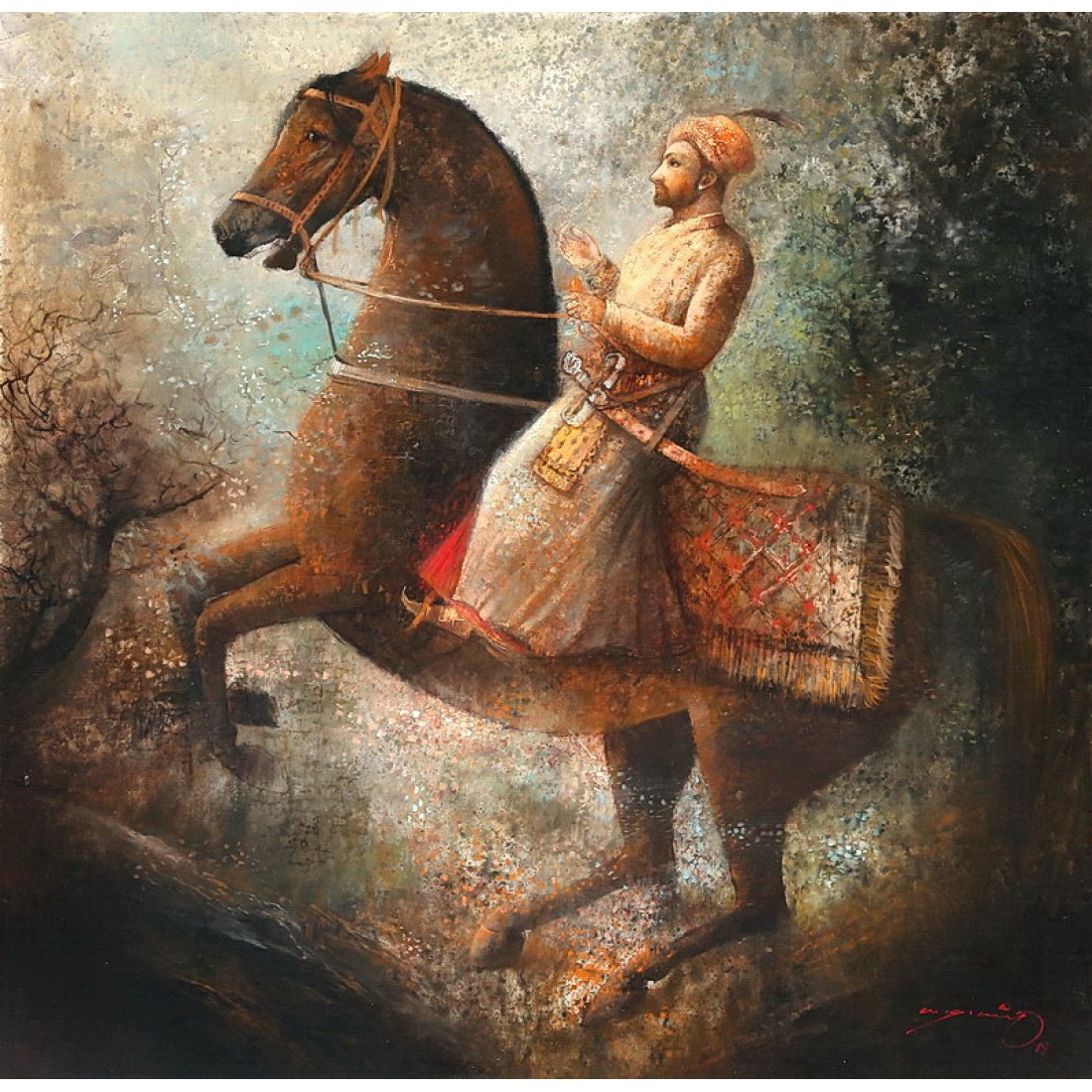 A. Q. Arif, Royal Hunter, 48 x 48 Inch, Oil on Canvas, Figurative ...