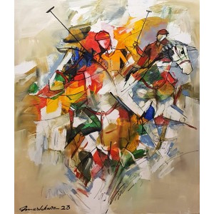 Mashkoor Raza, 30 x 36 Inch, Oil on Canvas, Polo Painting, AC-MR-595