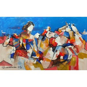 Mashkoor Raza, 30 x 48 Inch, Oil on Canvas, Figurative Painting, AC-MR-635