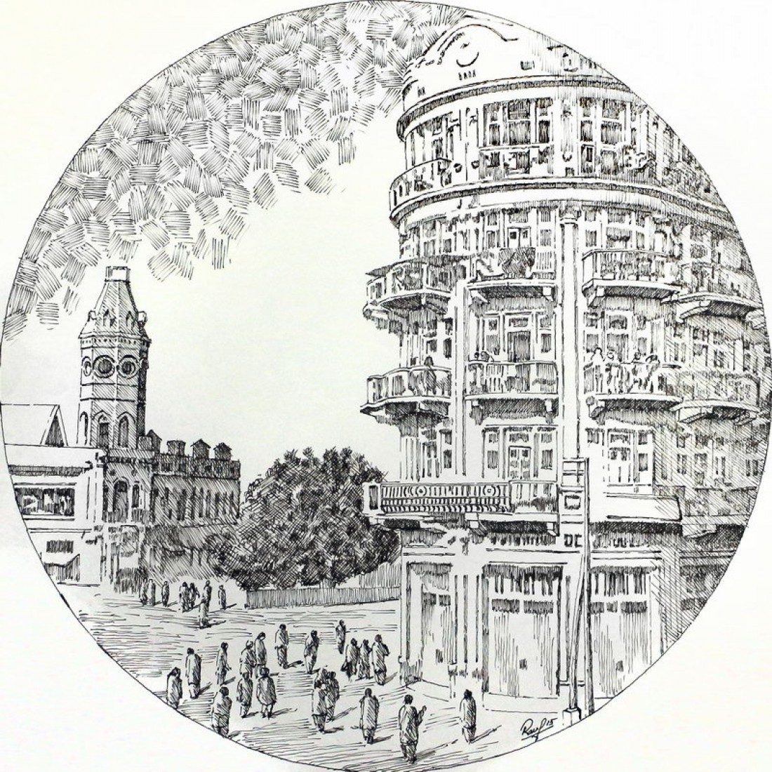 Rauf Mughal, Untitled, 18 x 18 Inch, Pen & Ink on Paper, Cityscap ...