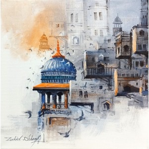 Zahid Ashraf, 12 x 12 inch, Mixed Media on Canvas, Cityscape Painting ...