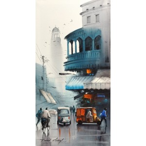 Zahid Ashraf, 12 x 24 inch, Watercolor On Canvas, Cityscape Painting ...